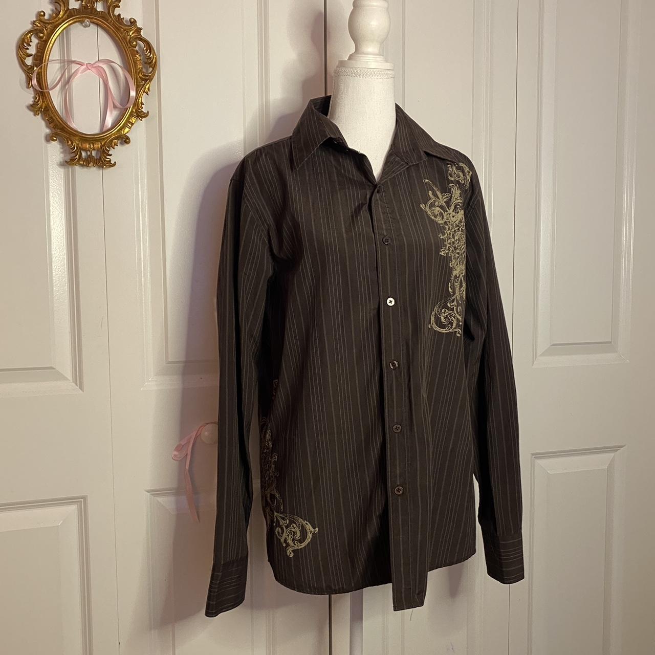 brown striped button down shirt ♡ gold embroidery... - Depop