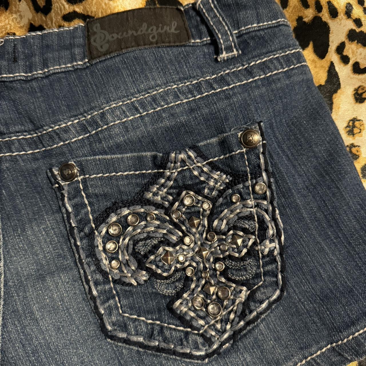 super cute bedazzled jean shorts with fleur de lis... - Depop
