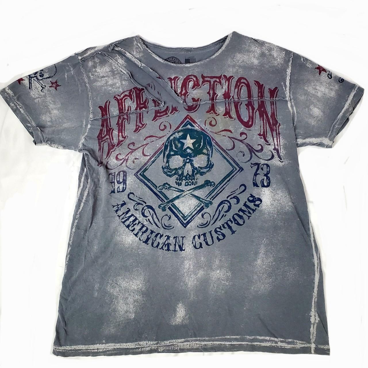Affliction skull t-shirt. Gray acid wash trashy... - Depop