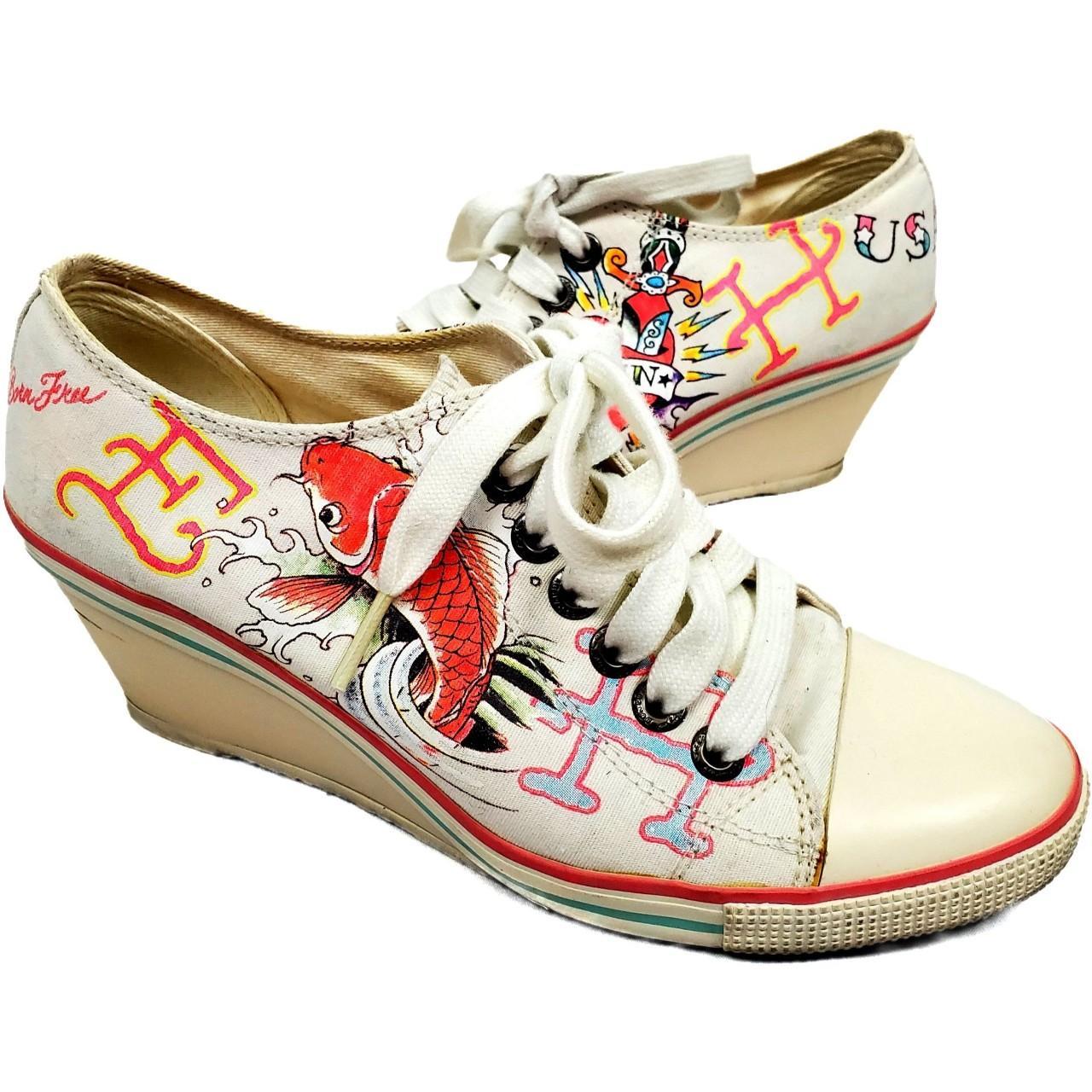 Ed Hardy wedge sneakers Iconic early 2000s white... - Depop