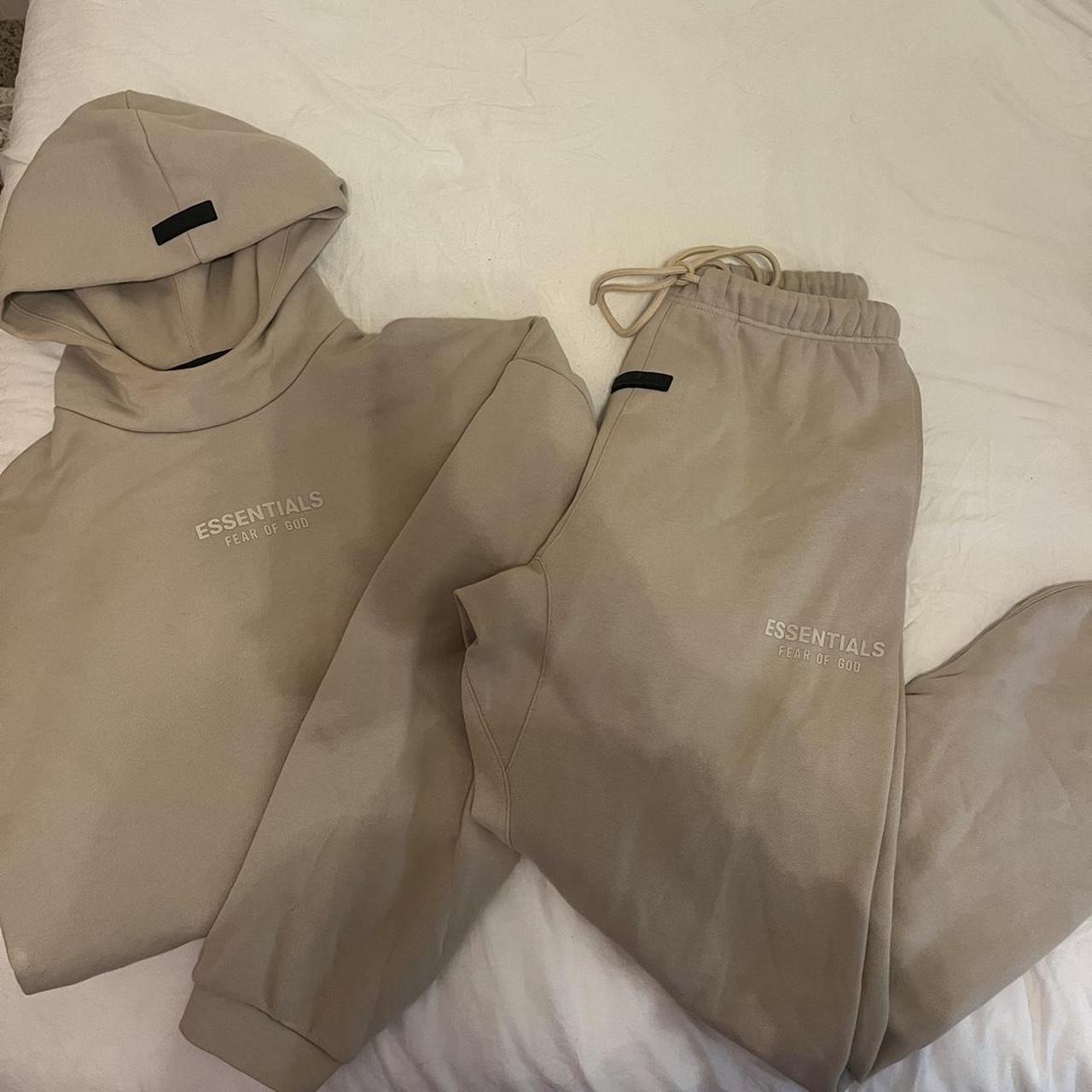 Essentials cream tracksuit - hoodie and joggers... | Depop