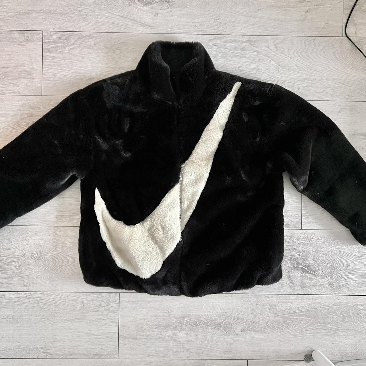 Fluffy Nike big swoosh coat/jacket - in fab... - Depop