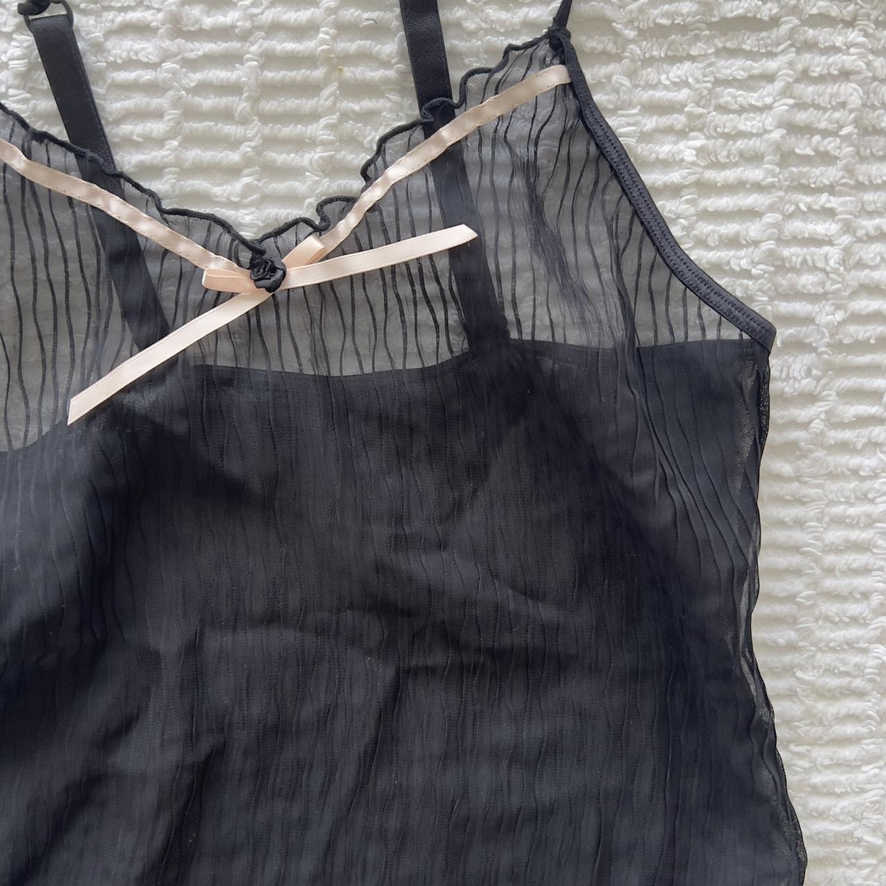 Stunning 2000s Black sheer mesh cami top with ribbon... - Depop