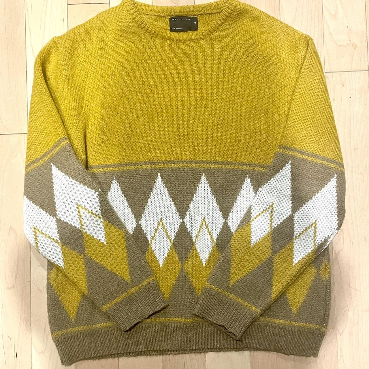 Women’s Yellow argyle sweater ASOS brand Person in... - Depop