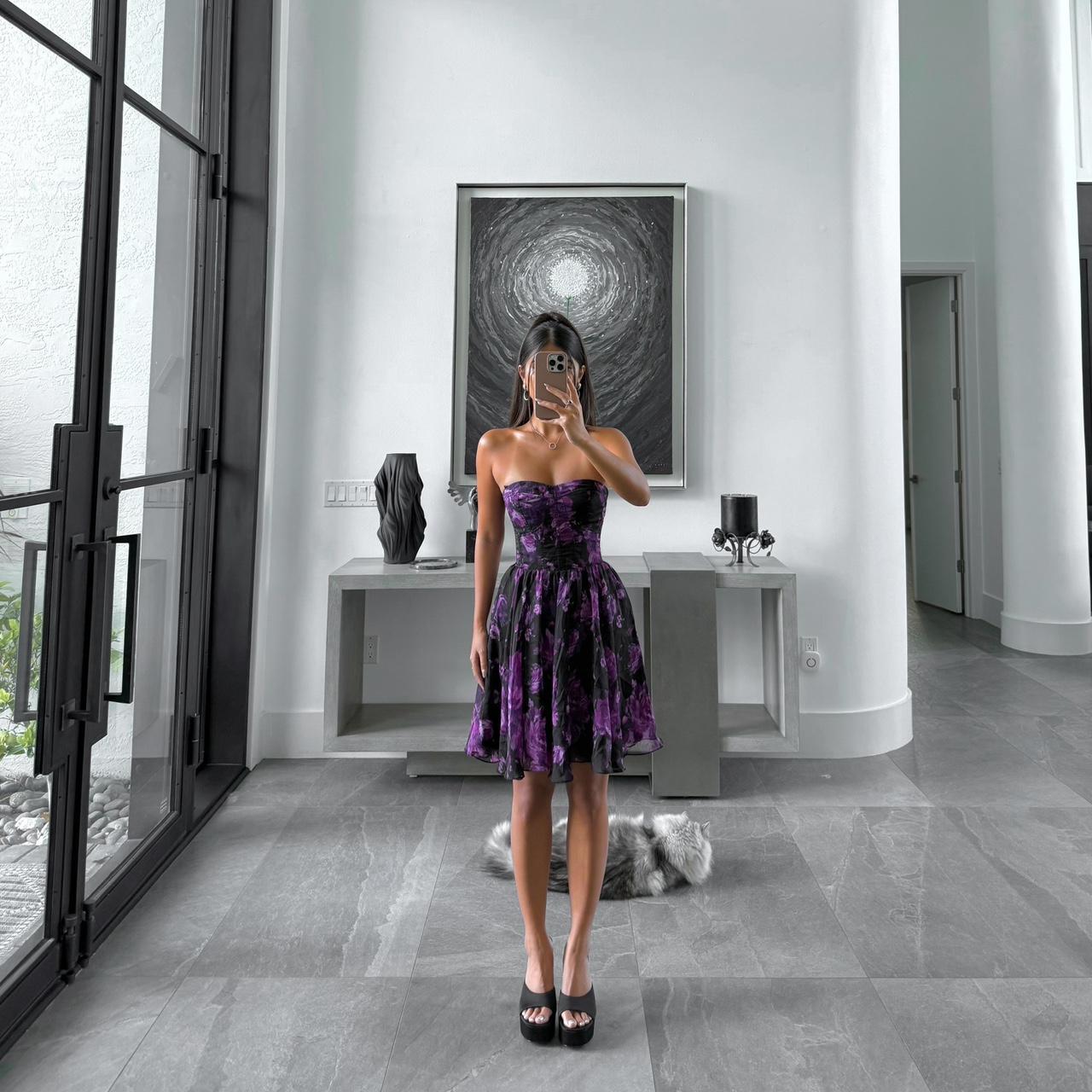 Vintage purple floral strapless mini dress with... | Depop