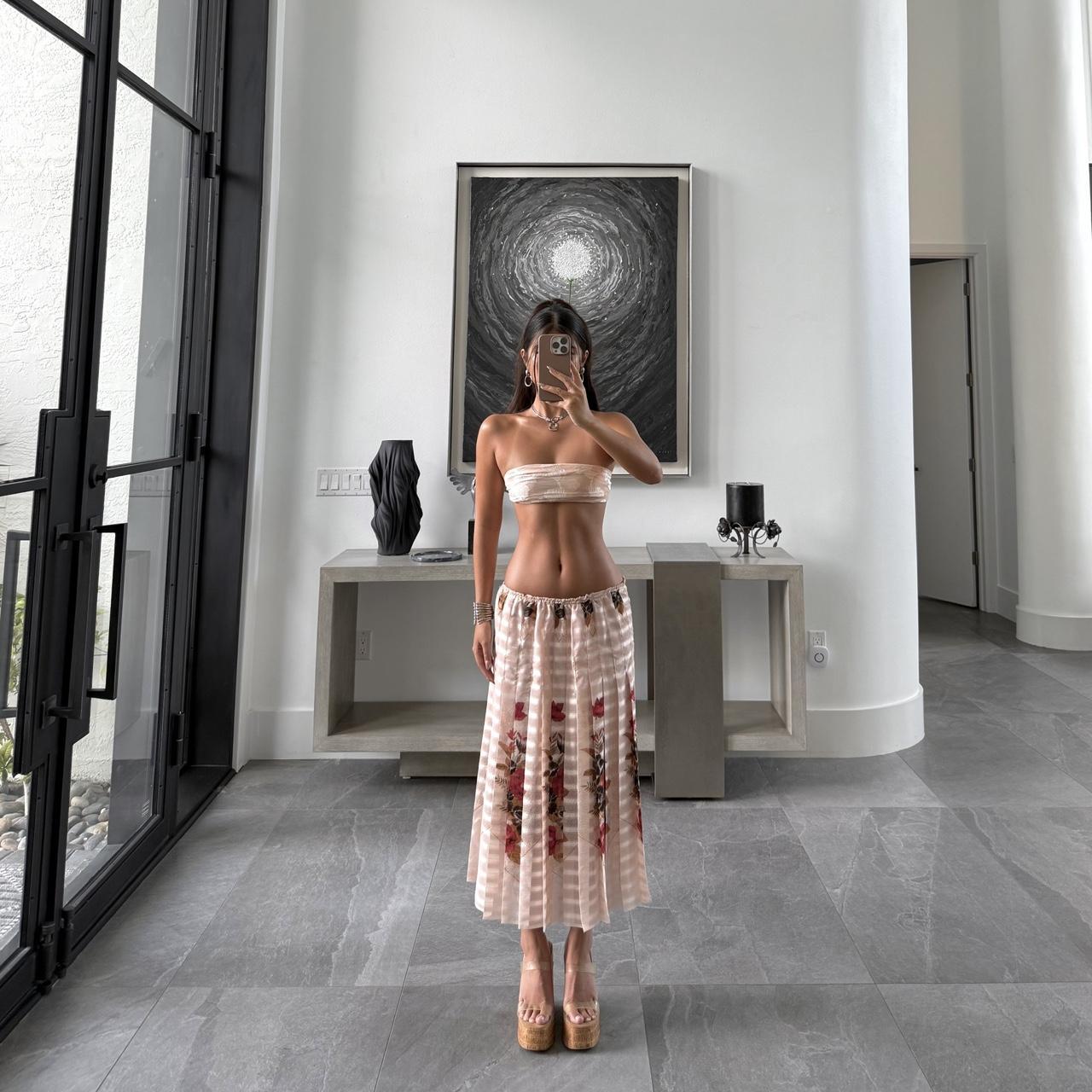 Cream and pink floral print midi skirt Size: xs or... | Depop