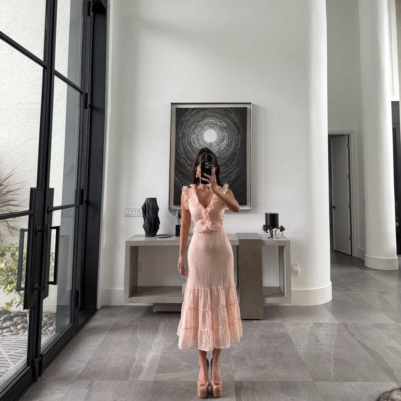 Pink chiffon ruffle maxi dress with cutout on sides... | Depop