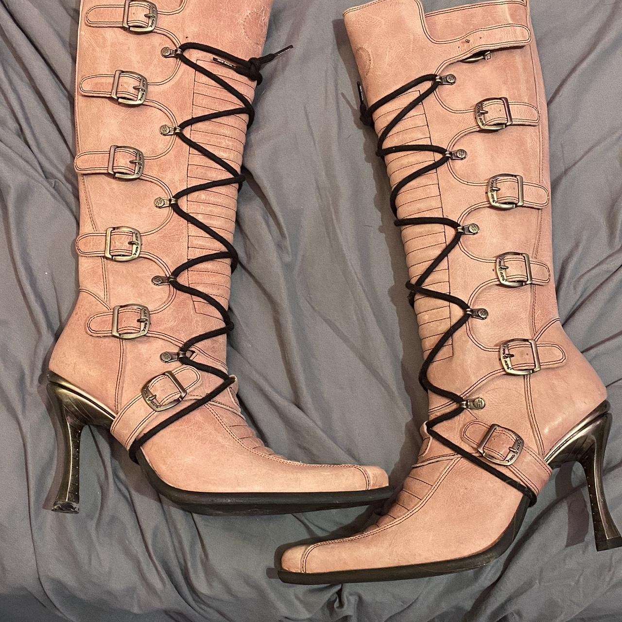 Vintage New Rock Pink Booted Heels Missing logo... - Depop