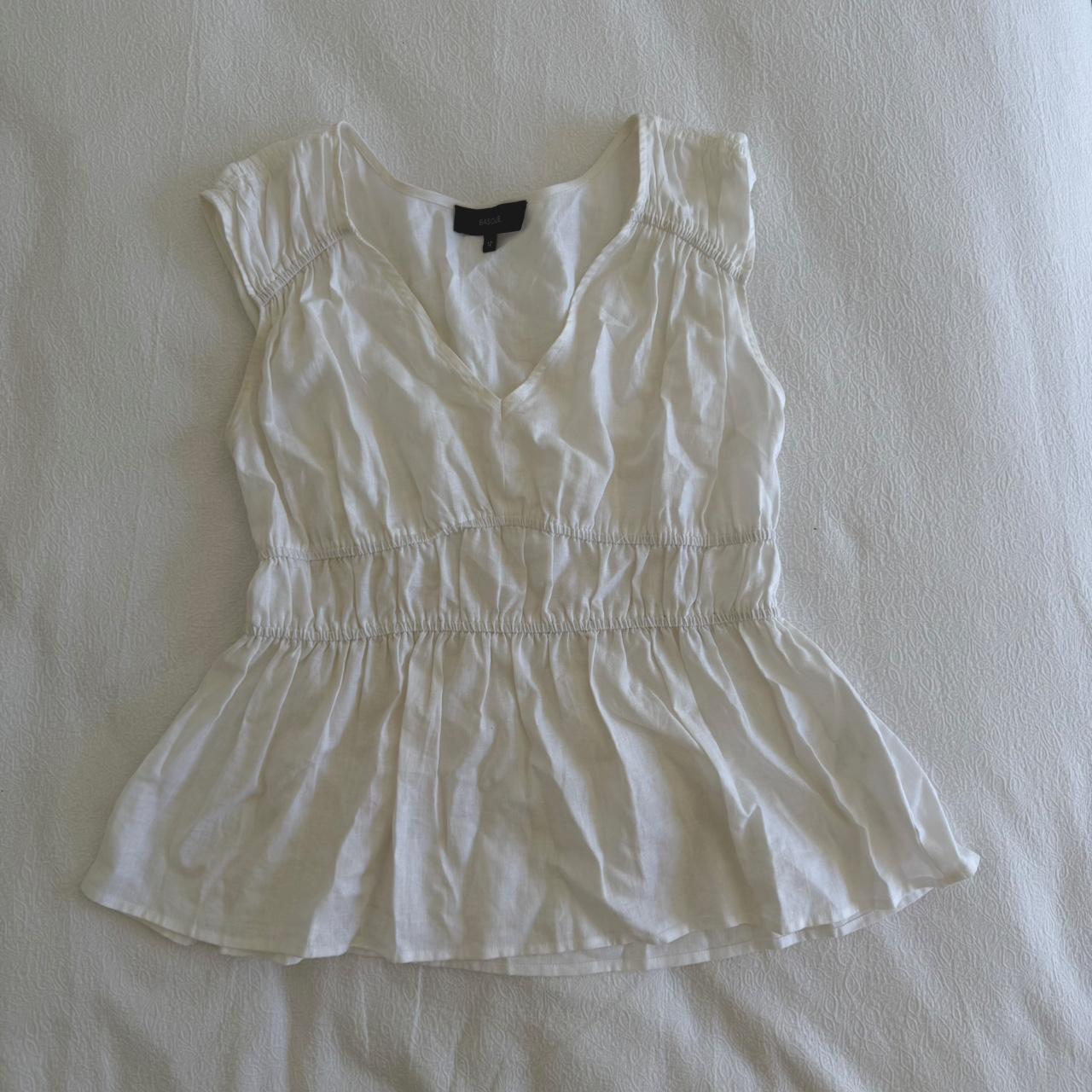 White Basque blouse with V-neck and short sleeves... - Depop