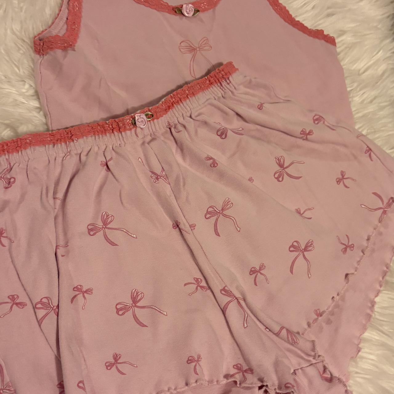 pink lacey bow pajamas size medium but can fit small - Depop