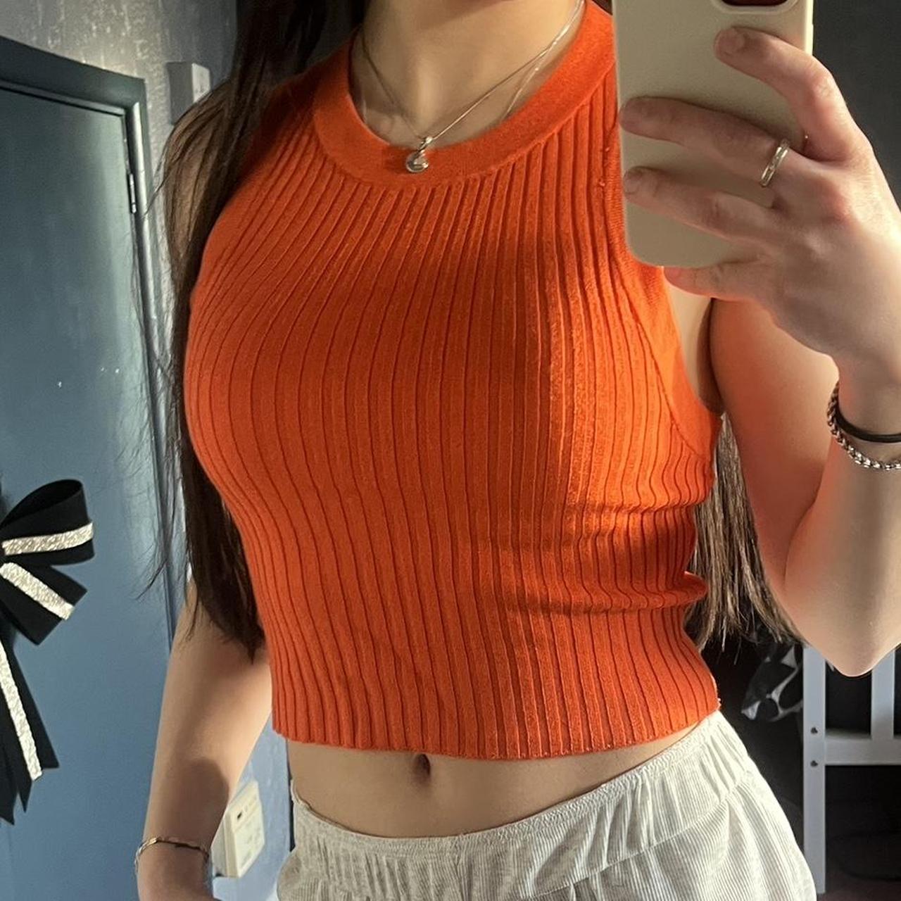 H&M bright orange ribbed tank top Size xs Only... - Depop