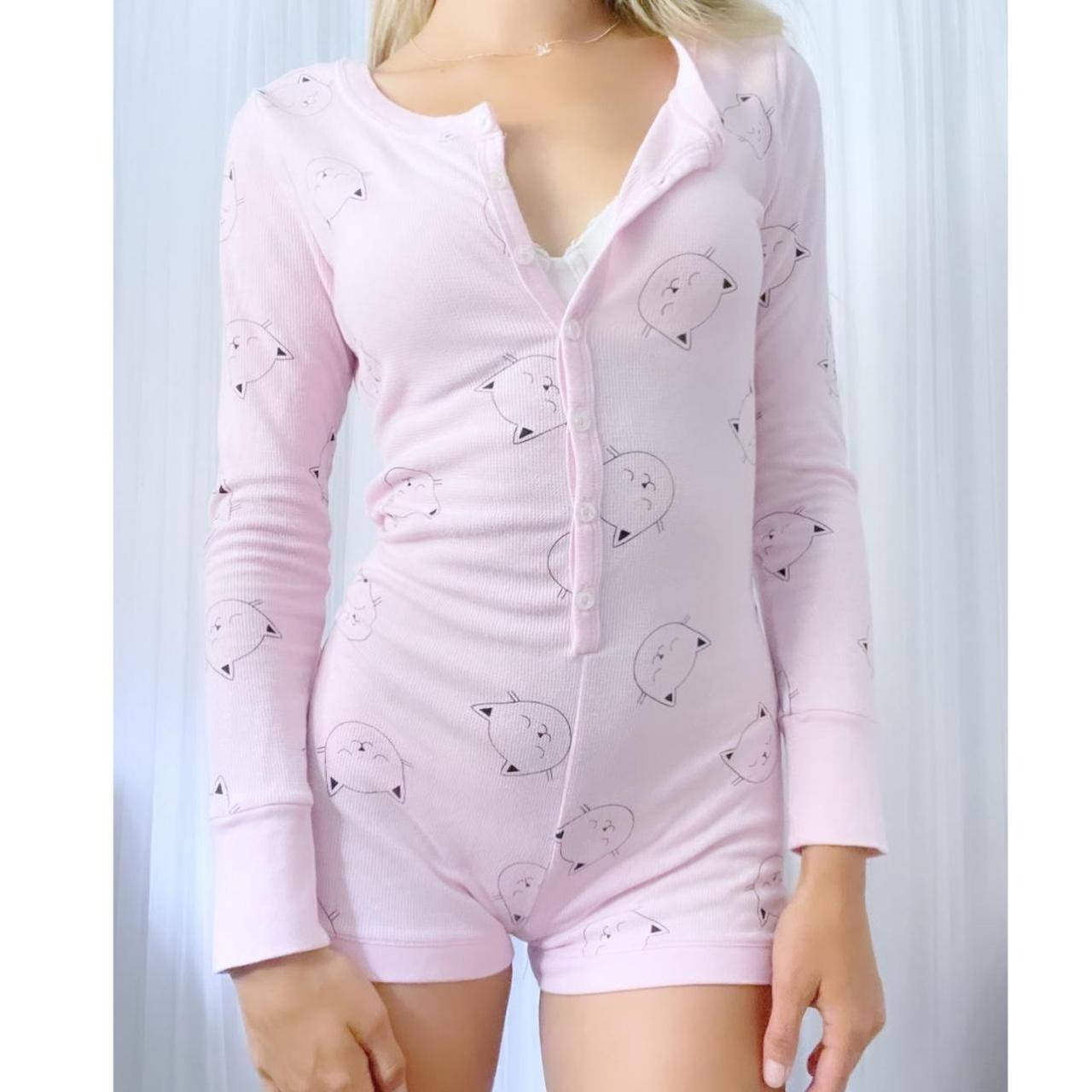Light pink kitty cat button up onesie fits like... - Depop