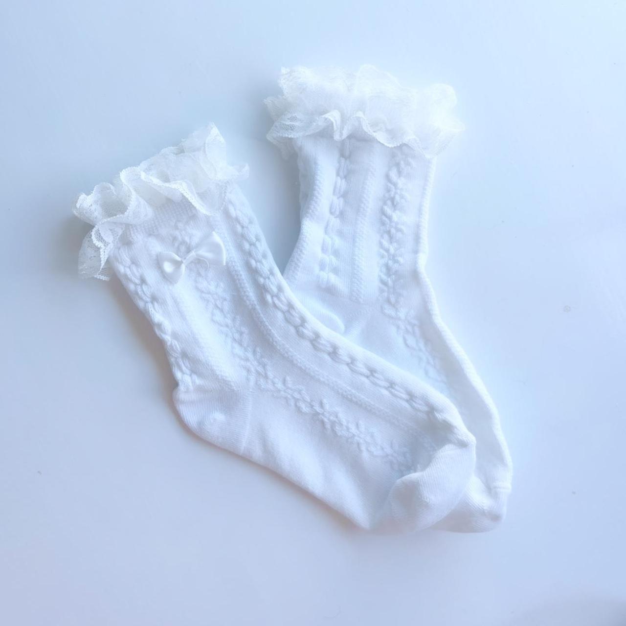 adorable white cottage core socks with little bow a... - Depop