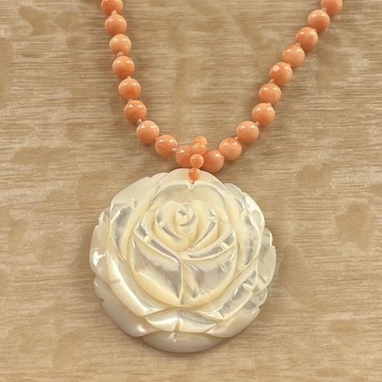 Mother of pearl carved rose pedant. Pale coral... - Depop