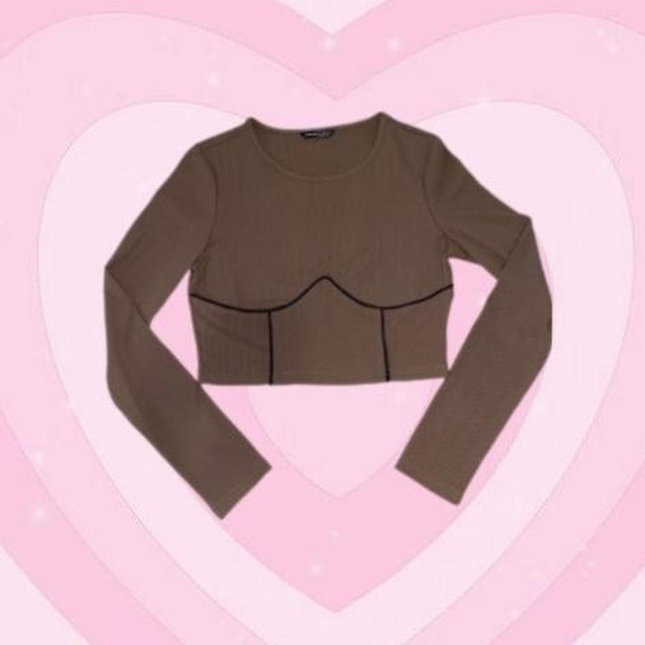 Brown black lined cropped top long sleeve - in good... - Depop