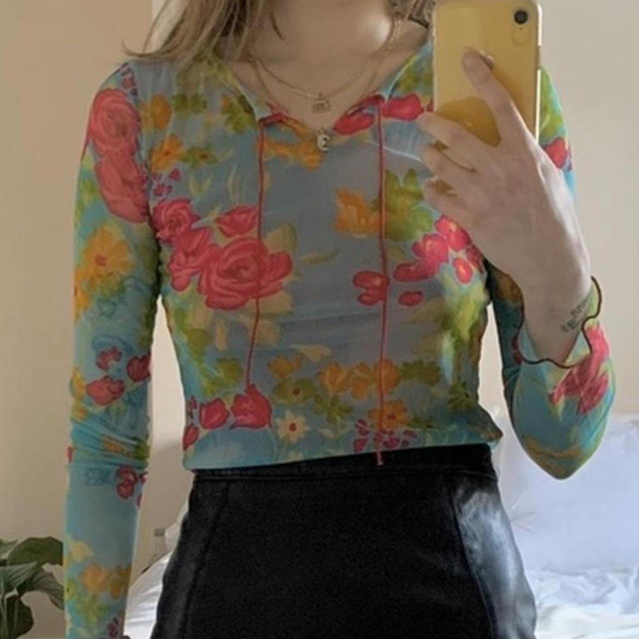 Vintage y2k mesh top with lettuce trim. String tie... - Depop