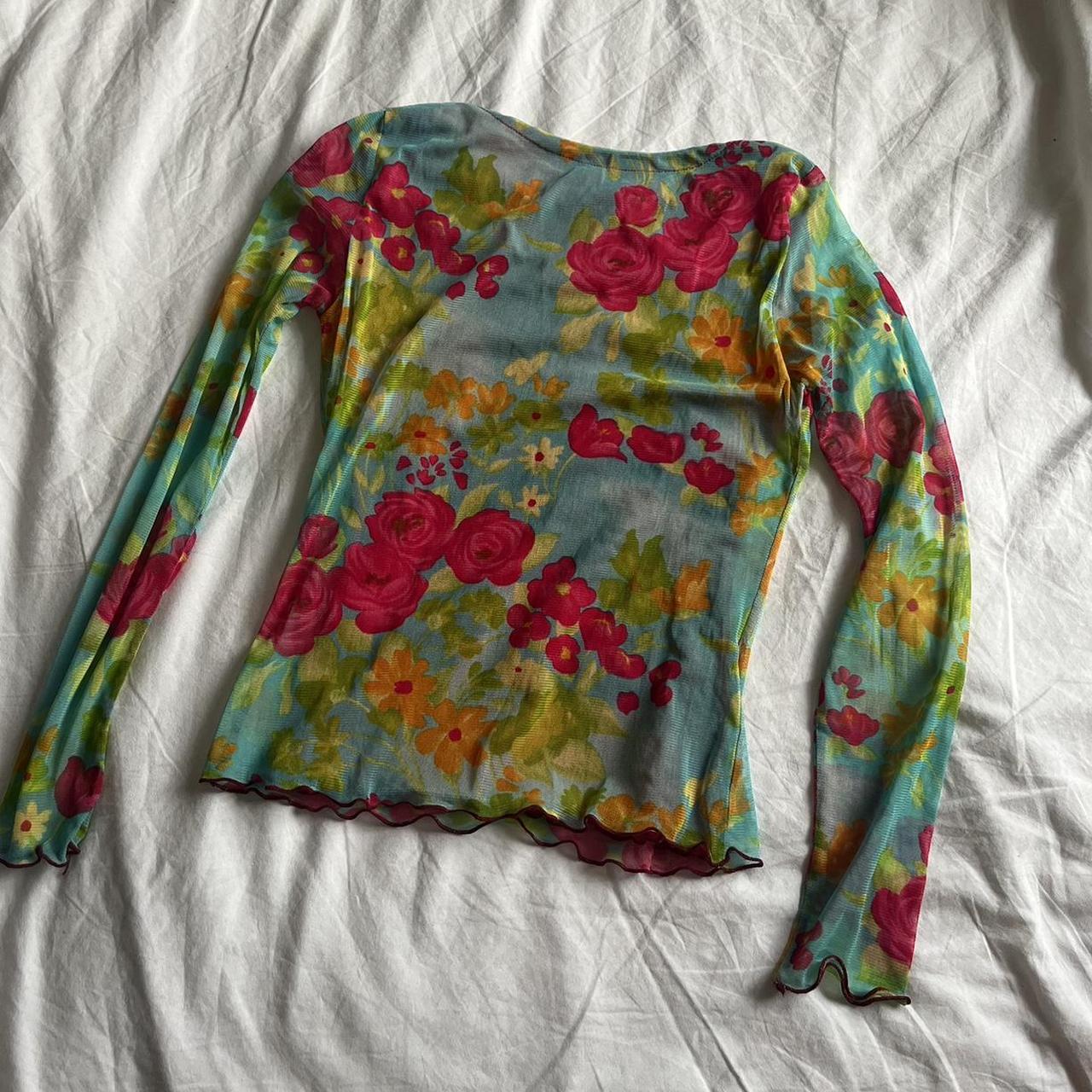 Vintage y2k mesh top with lettuce trim. String tie... - Depop