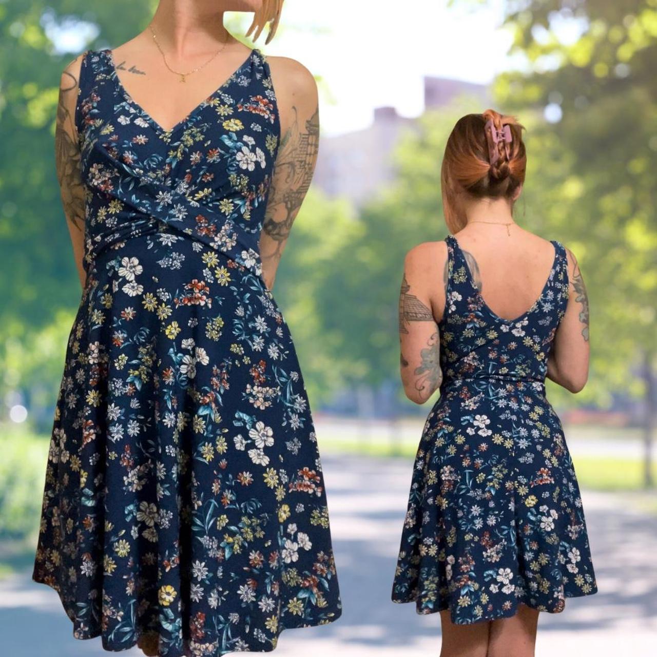 Navy Floral Dress | Twist front Detail - Depop
