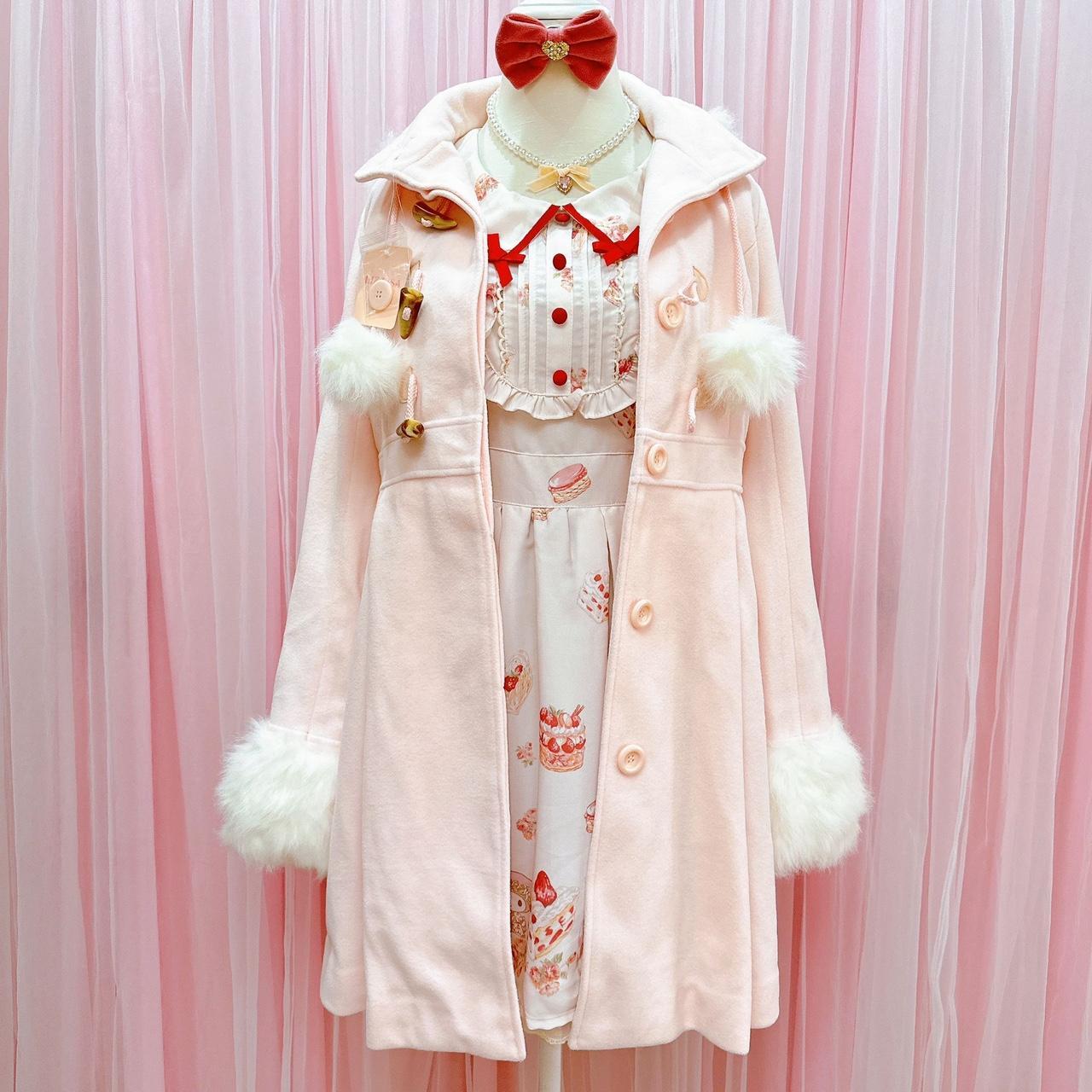 🍒Liz Lisa faint pink faux fur pompom long coat NWT🍒 ... - Depop