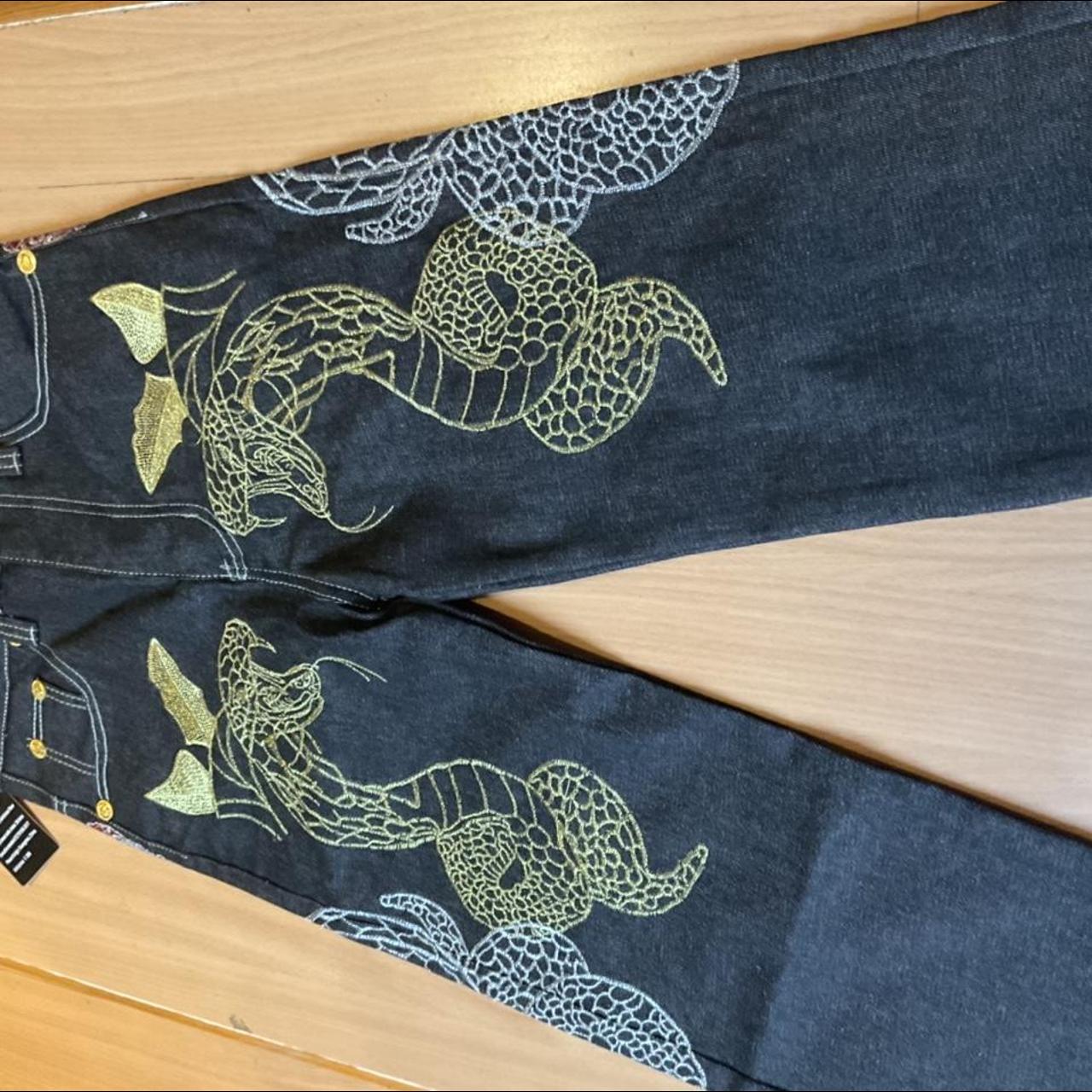 Snake embroidered jeans baggy fit so sick gold and... - Depop