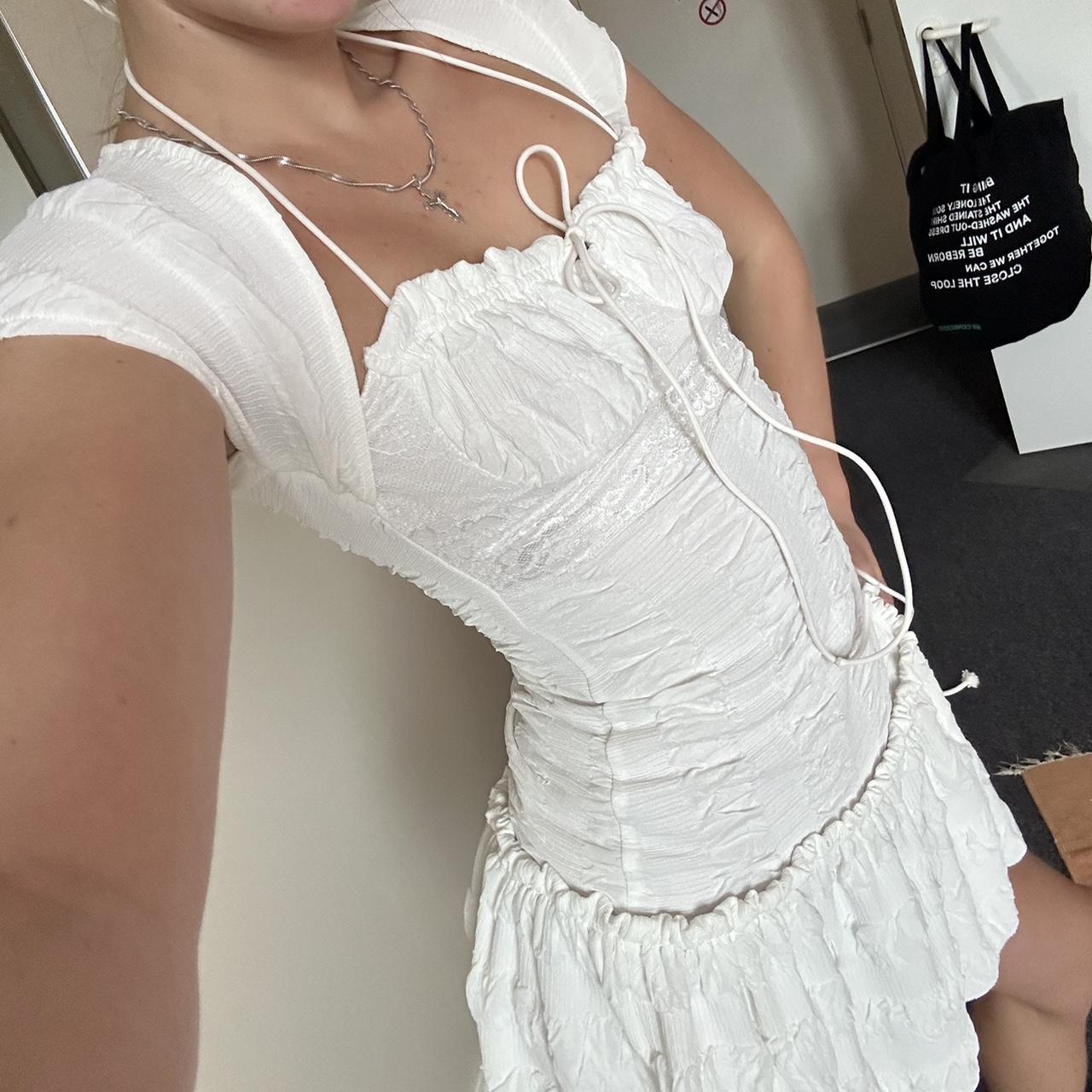 white ruched summer tie up dress so flattering... - Depop