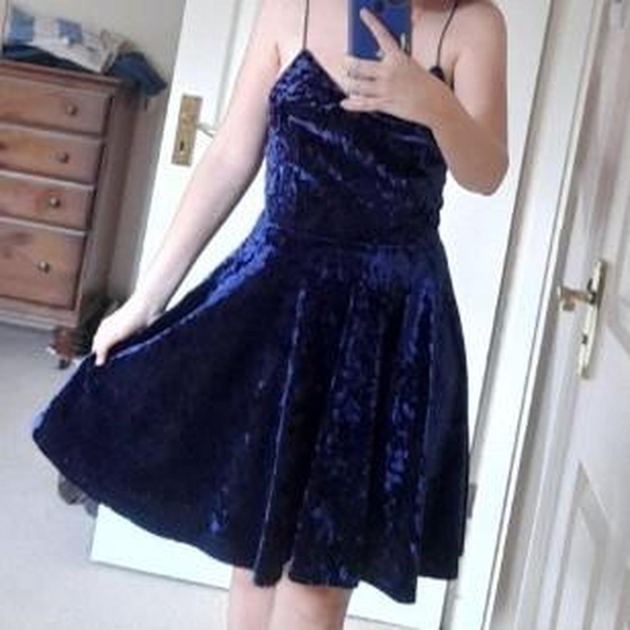 New Look strappy crushed blue velvet skater dress... - Depop
