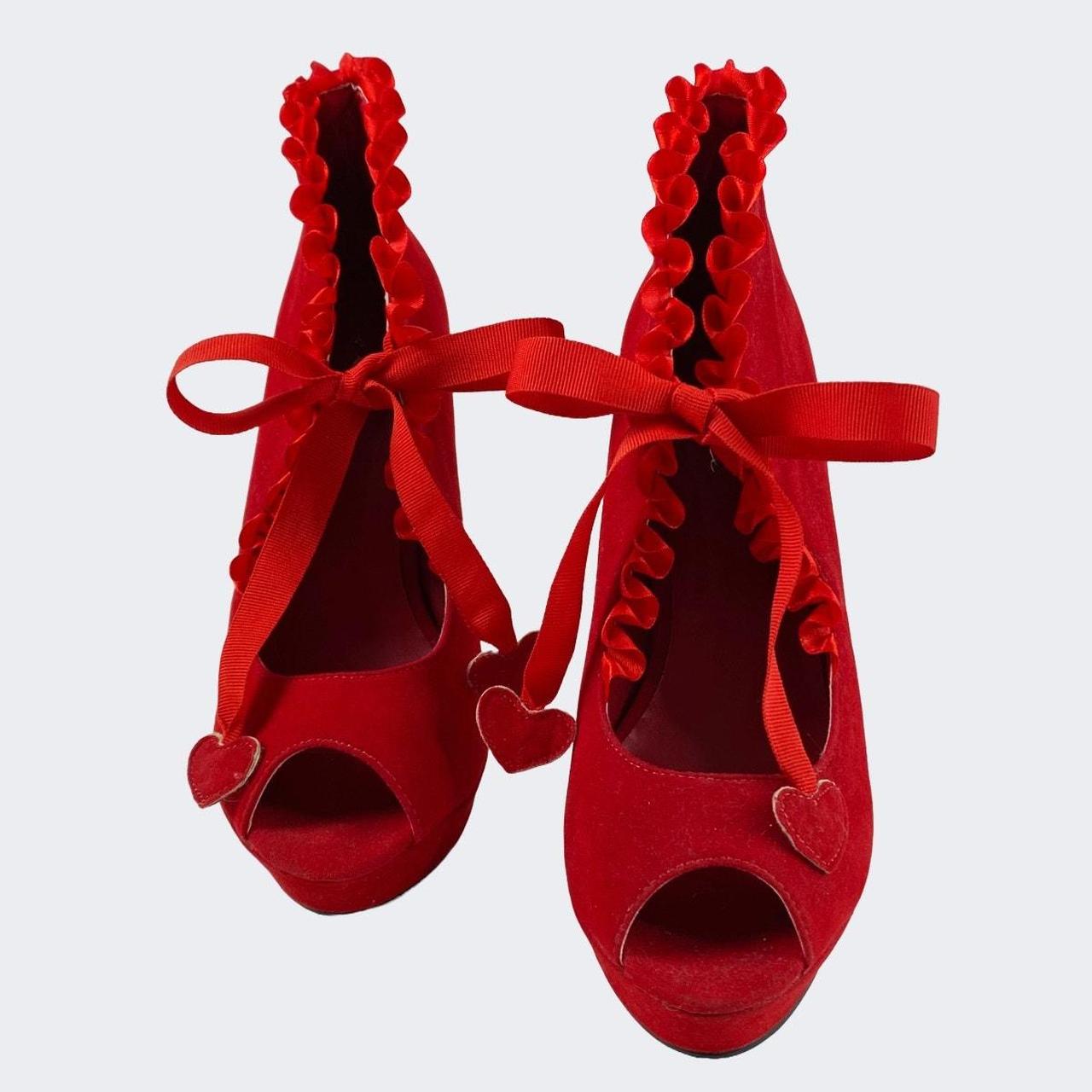 Ellie Red Velvet Ruffle Trim Bow Tie Hearts open toe... | Depop