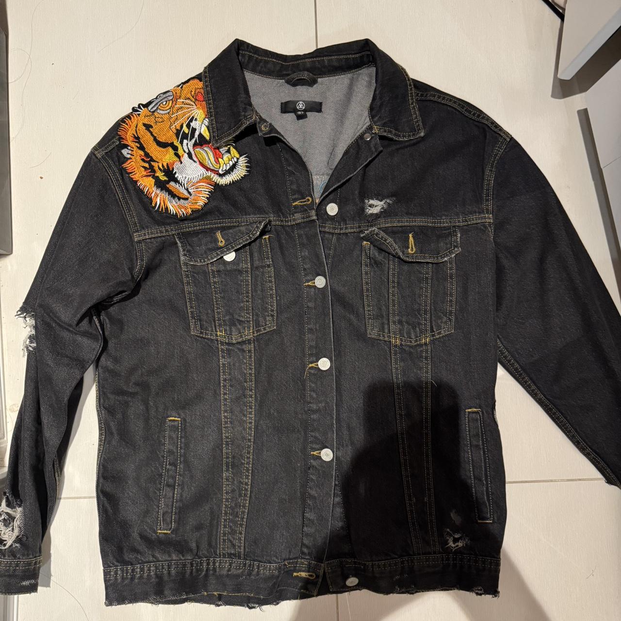 Black denim jacket with tiger embroidery #denimjacket | Depop