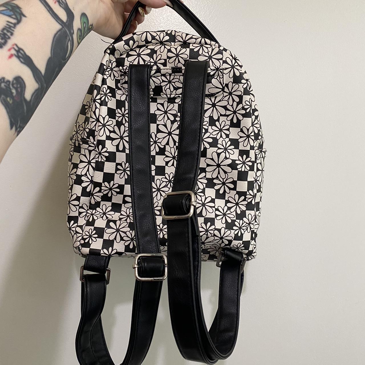black & white checkered mini backpack with flower... - Depop