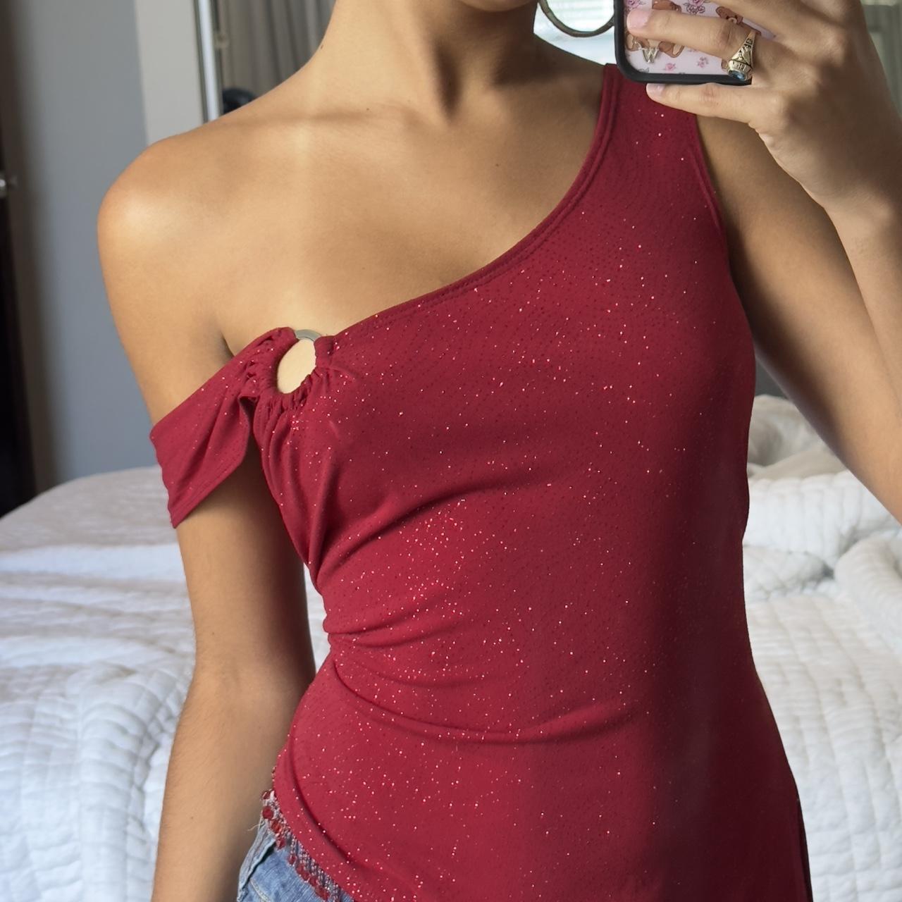 Amazing 2000s on shoulder red asymmetrical top.... - Depop