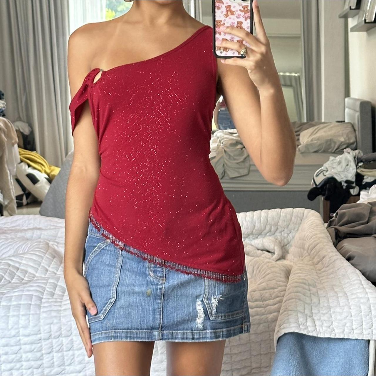 Amazing 2000s on shoulder red asymmetrical top.... - Depop