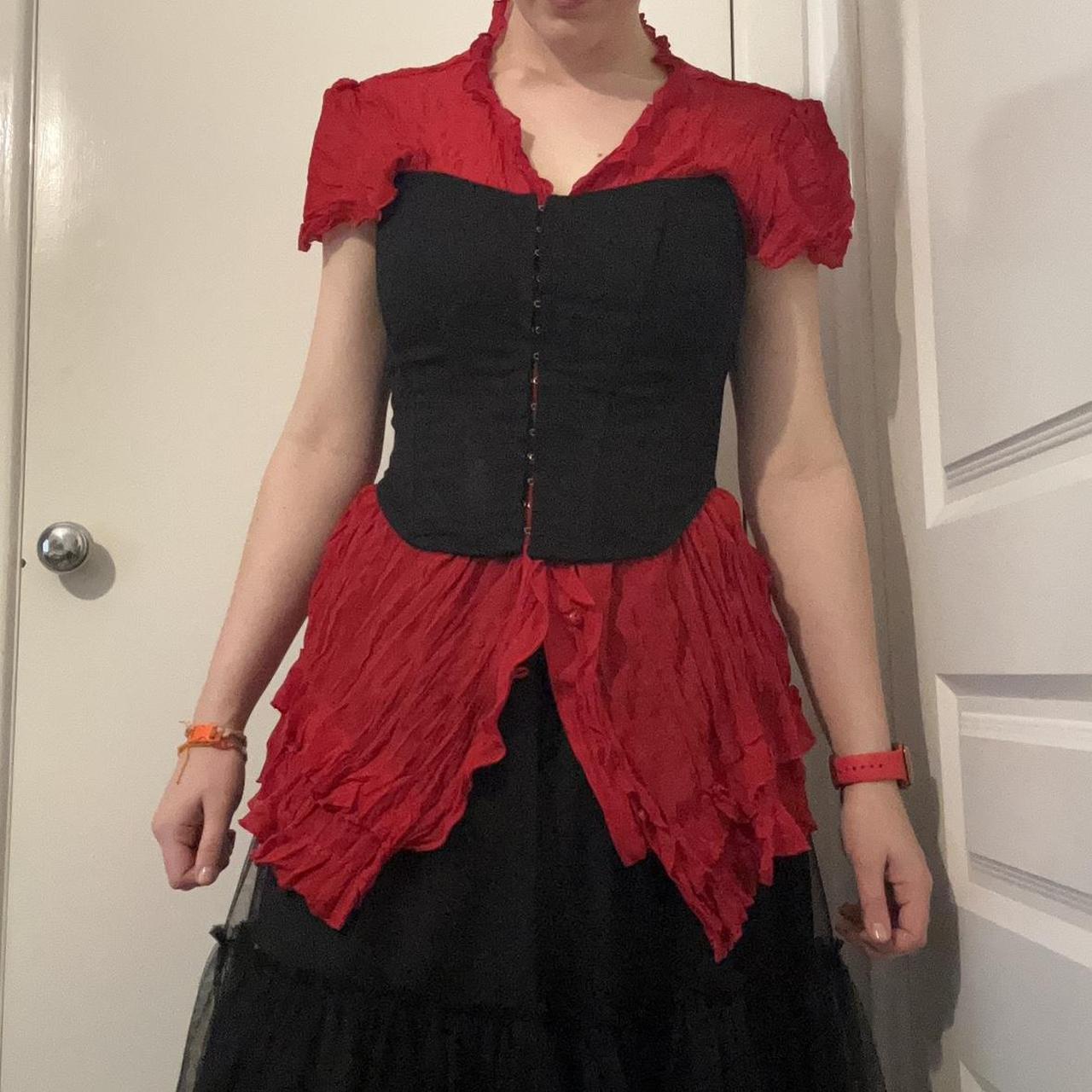 Red frilly button up shirt pictured on a size... - Depop