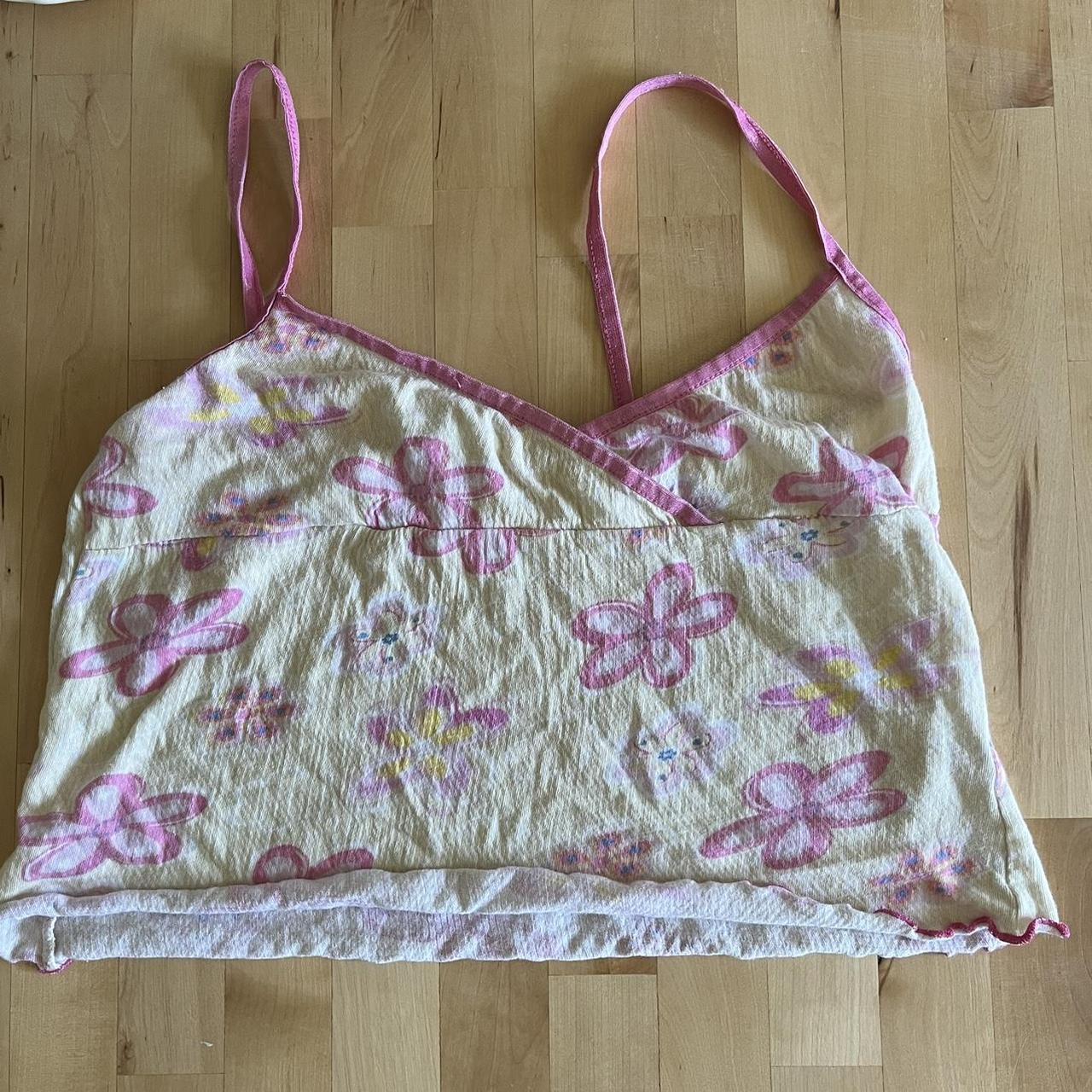 y2k yellow and pink tank top with flowers fits xs to... - Depop
