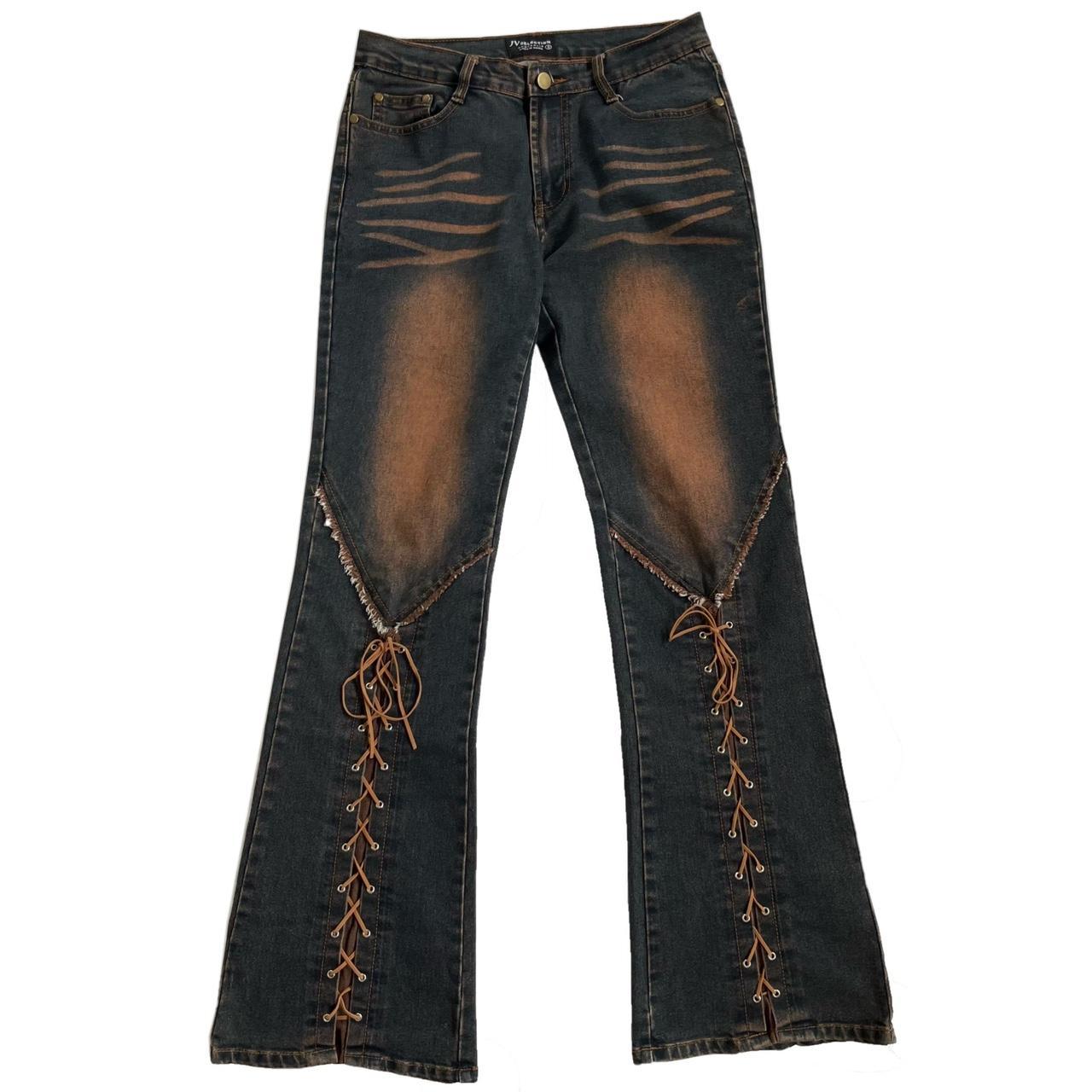 vintage JV selection flare lace up jeans with brown... - Depop