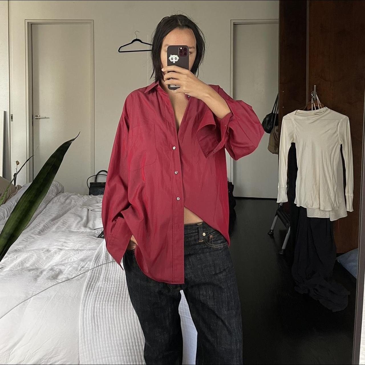 Oversized red button up shirt in a red fabric that... - Depop