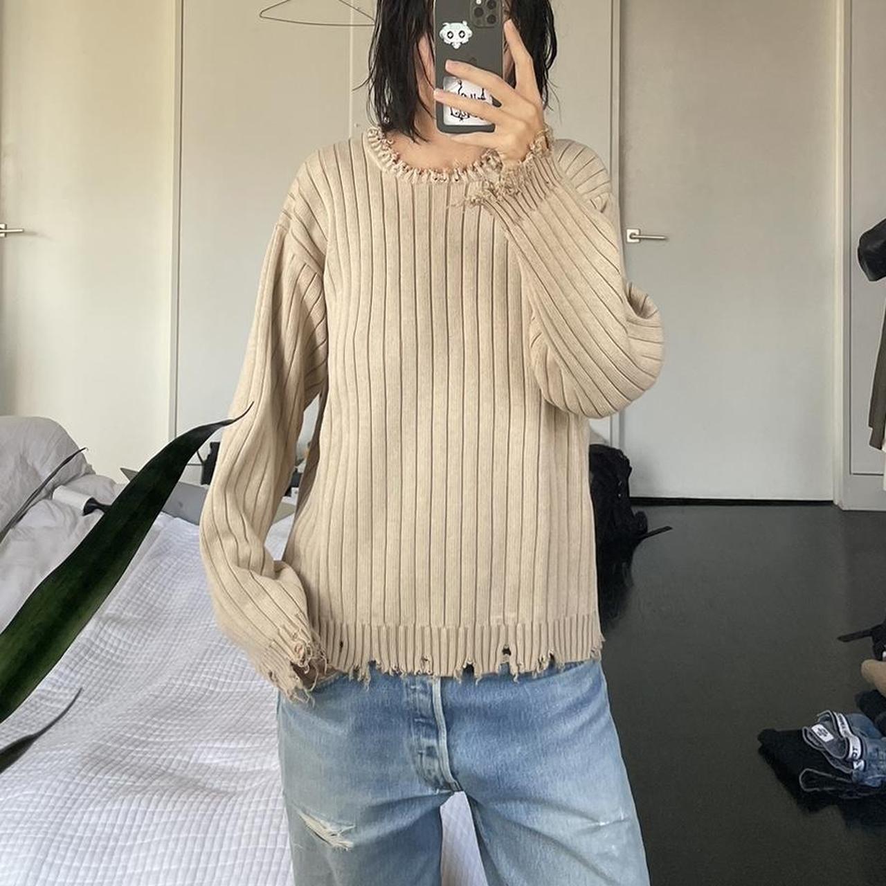 Beige ribbed knit sweater that’s been distressed at... - Depop
