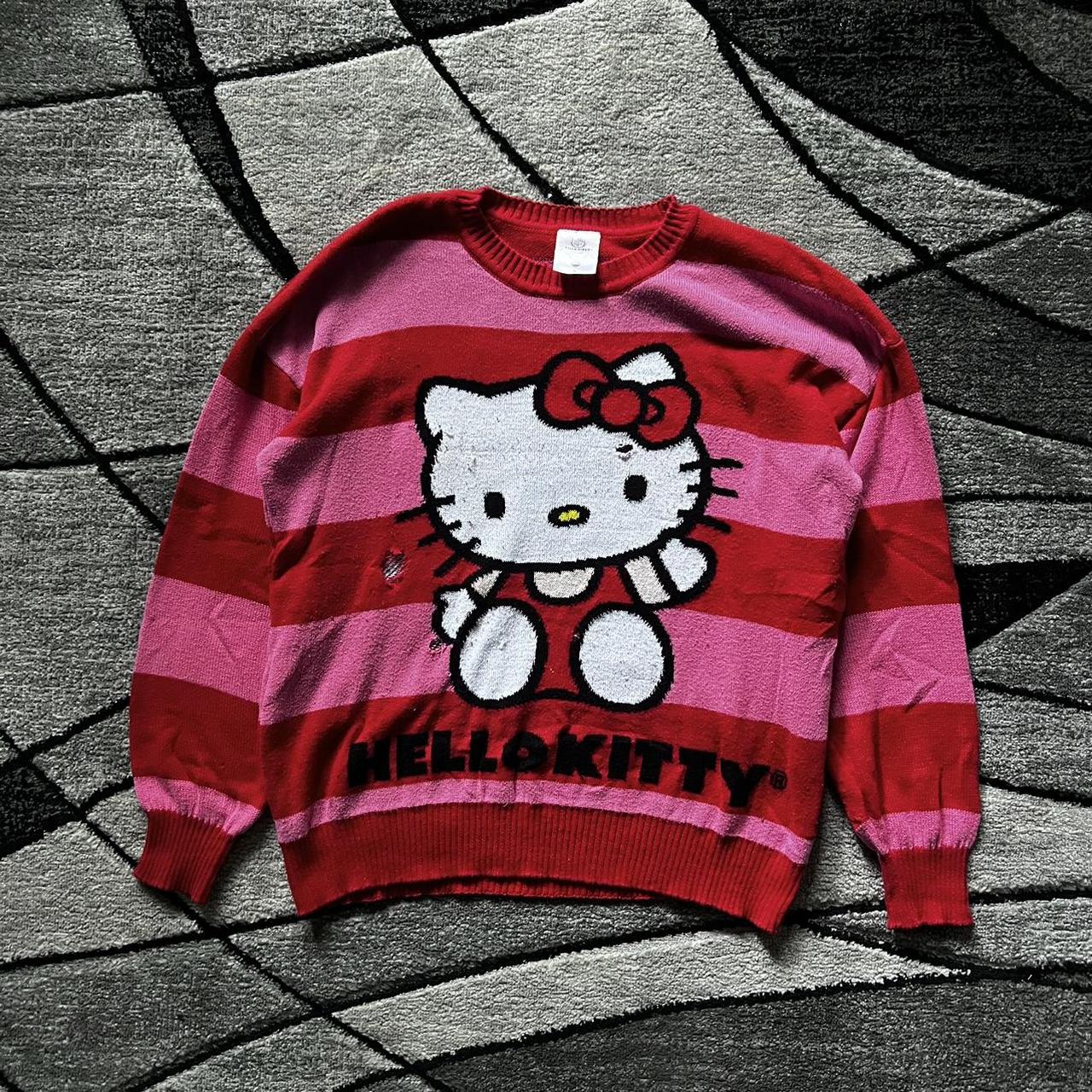 y2k distressed hello kitty stripped sweater ️ size... - Depop
