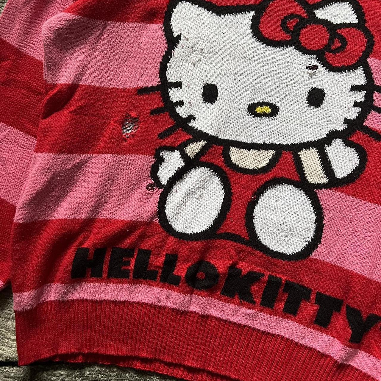 y2k distressed hello kitty stripped sweater ️ size... - Depop