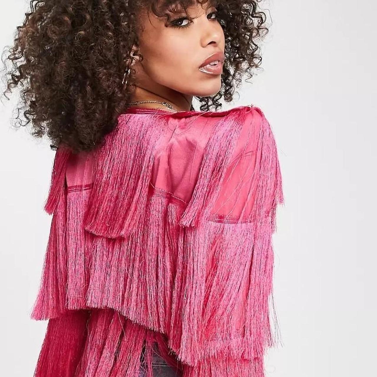 ASOS Luxe Pink Fringe Jacket with Shoulder Pads.... - Depop
