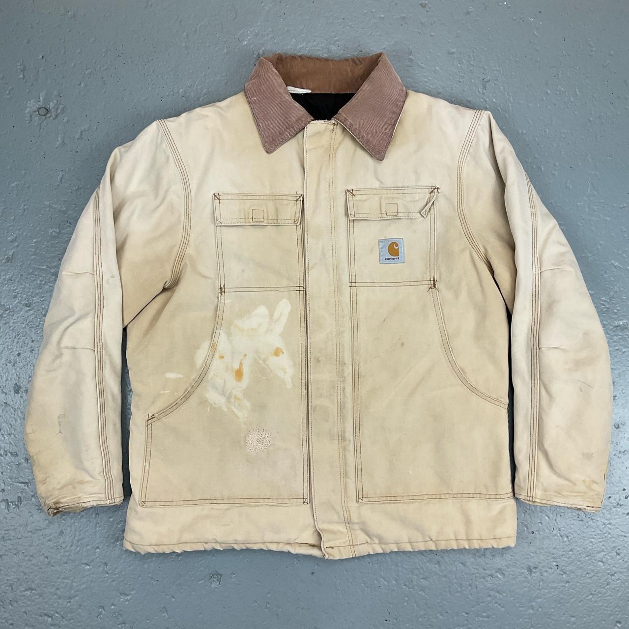 Vintage Carhartt canvas work jacket in cream. brown... - Depop