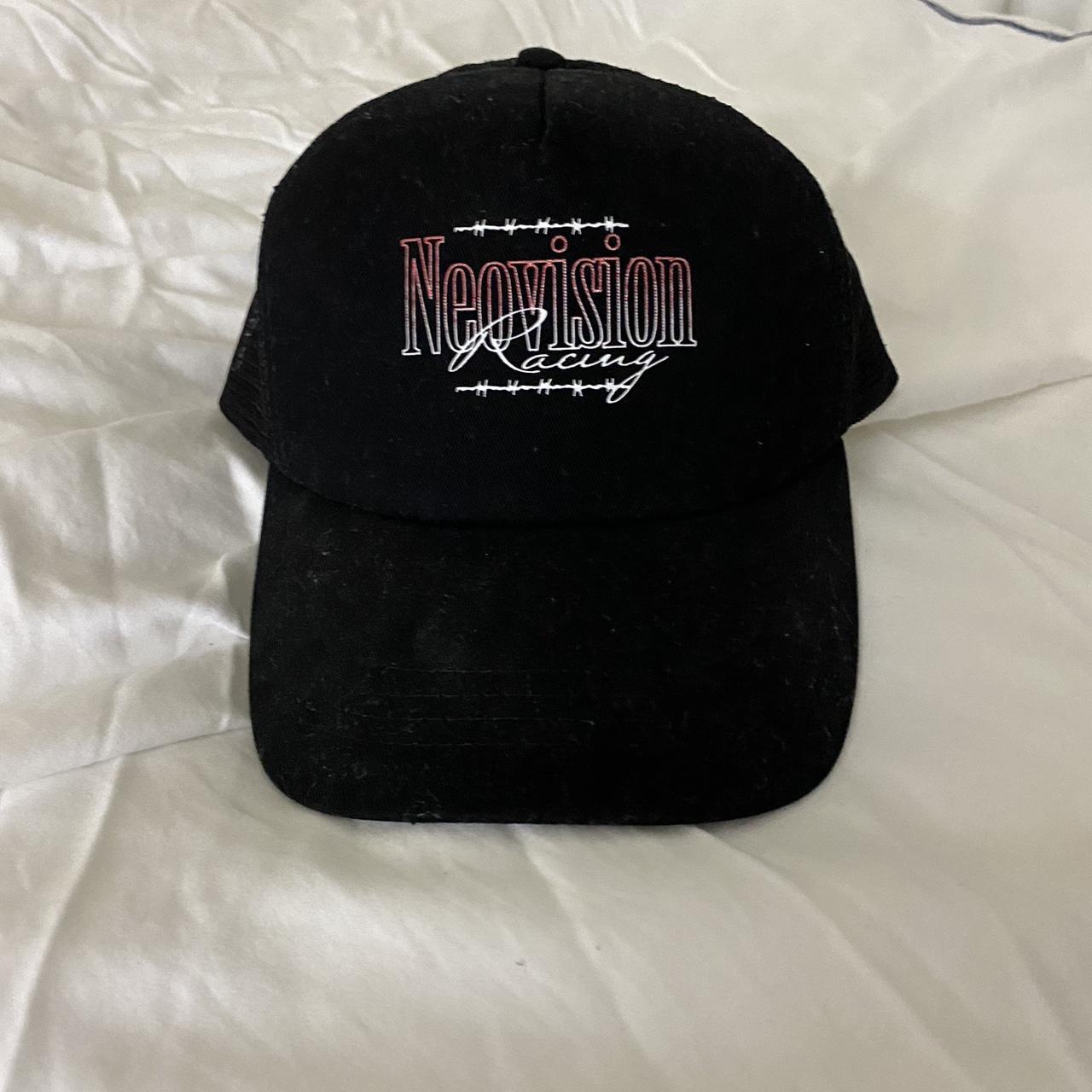 Black & light red chained neovision netted trucker hat - Depop