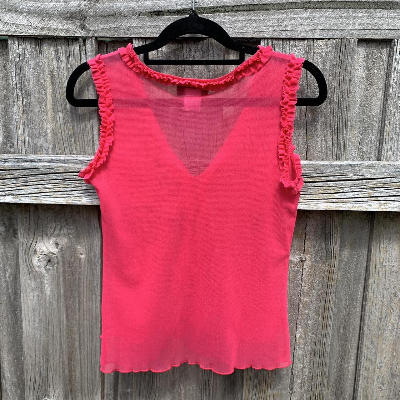stunning 2000s hot pink mesh top !! cutest frilly... - Depop