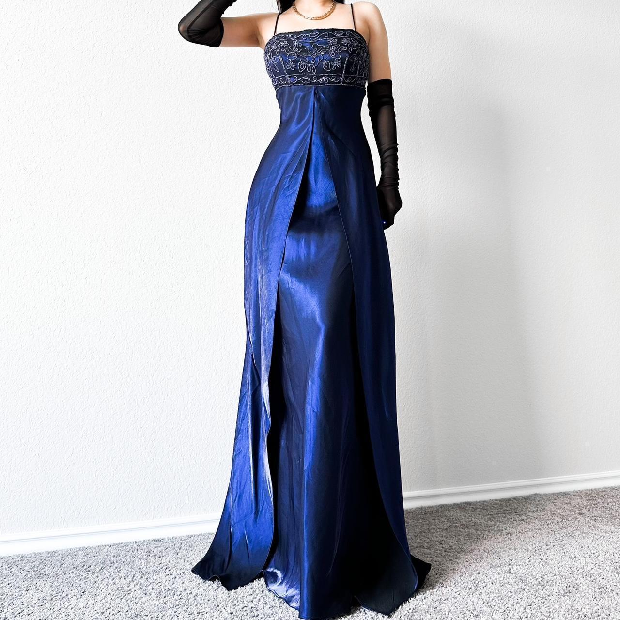 Vintage 2000s Vampy Beaded Satin Maxi Prom Dress A... - Depop