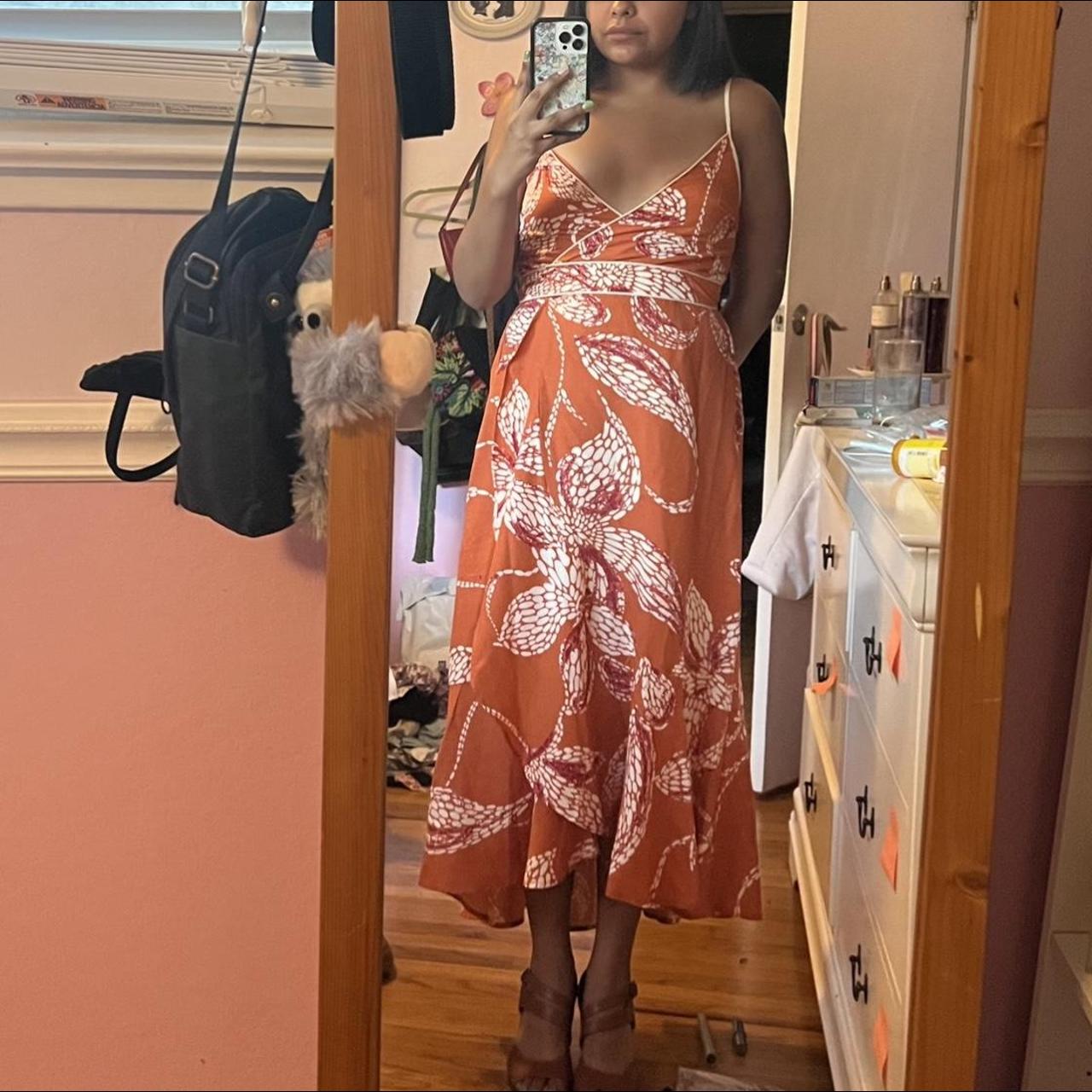 patterned orange dress perfect for weddings! brand... - Depop