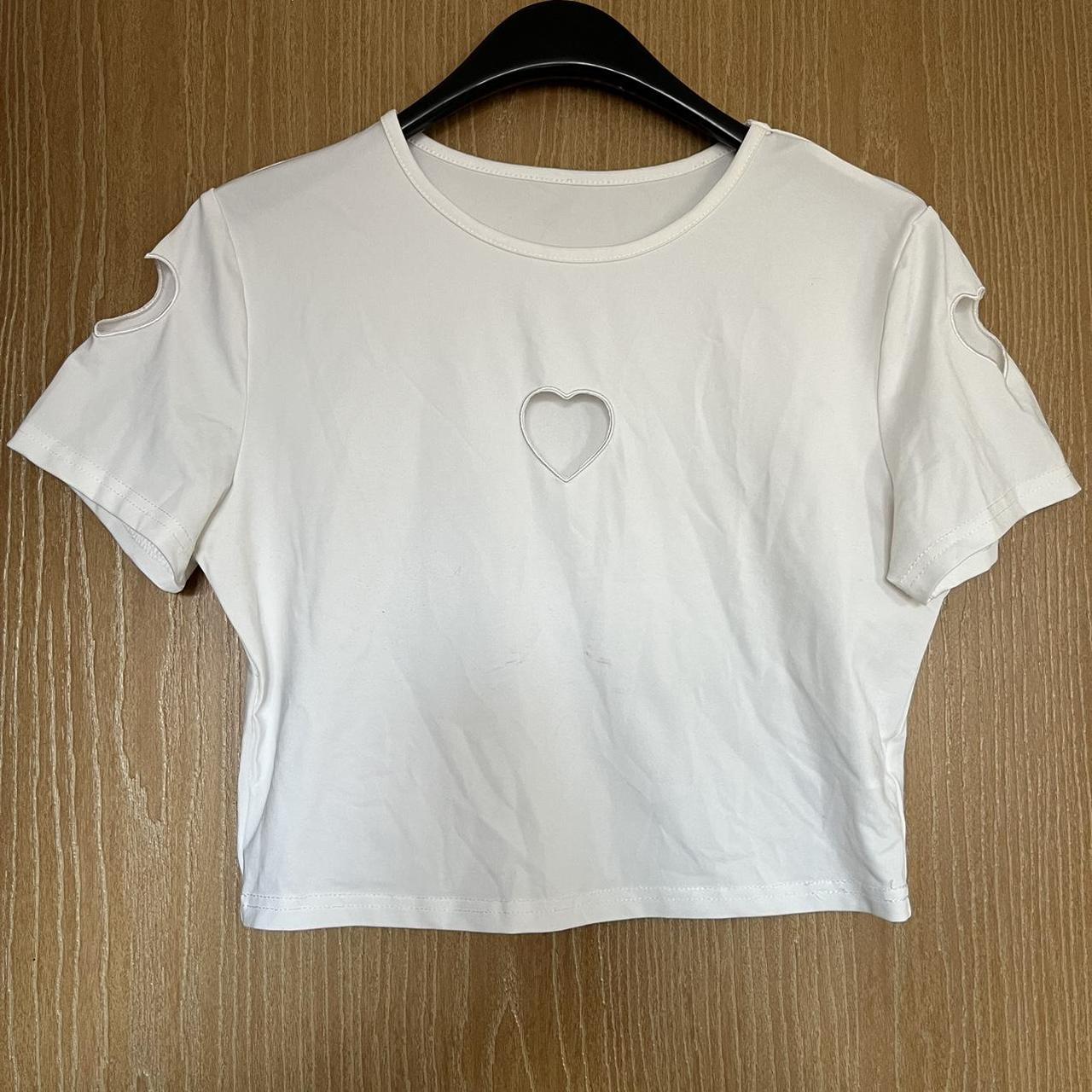 white cropped top with heart cut outs #cutecore... - Depop