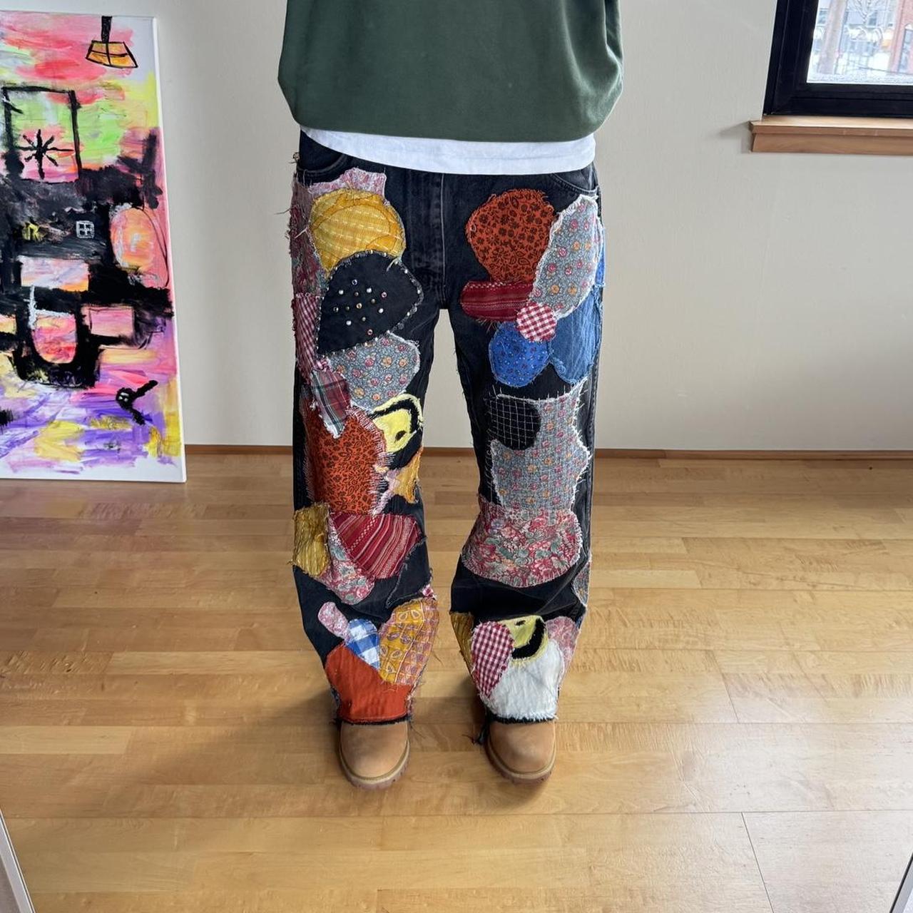 Unique patchwork denim jeans with a one-of-a-kind... | Depop