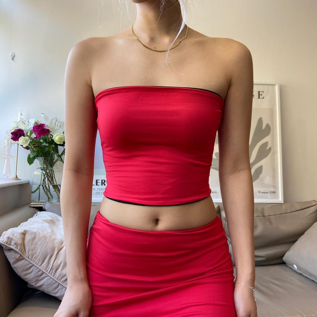 Black and red reversible strapless crop top bandeau... - Depop