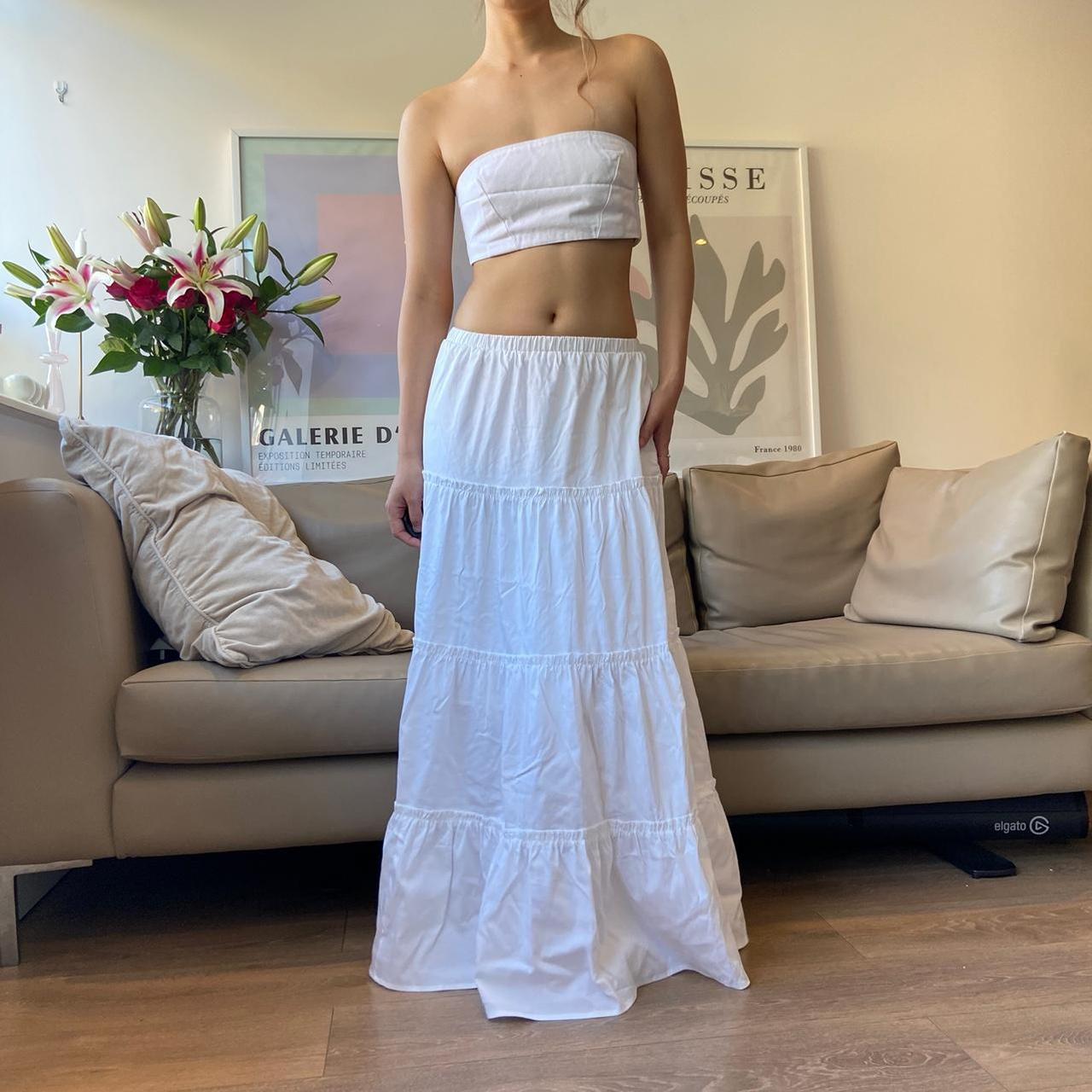 White maxi skirt boho tiered ruffle flare flowy... - Depop