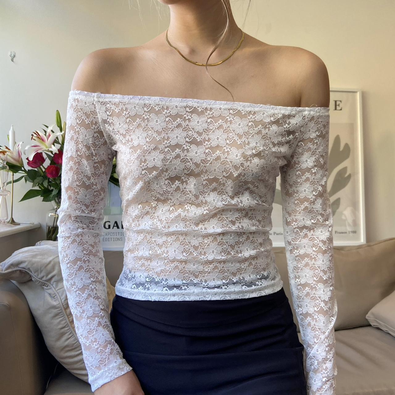 Lace sheer off shoulder long sleeve crop top cover... - Depop