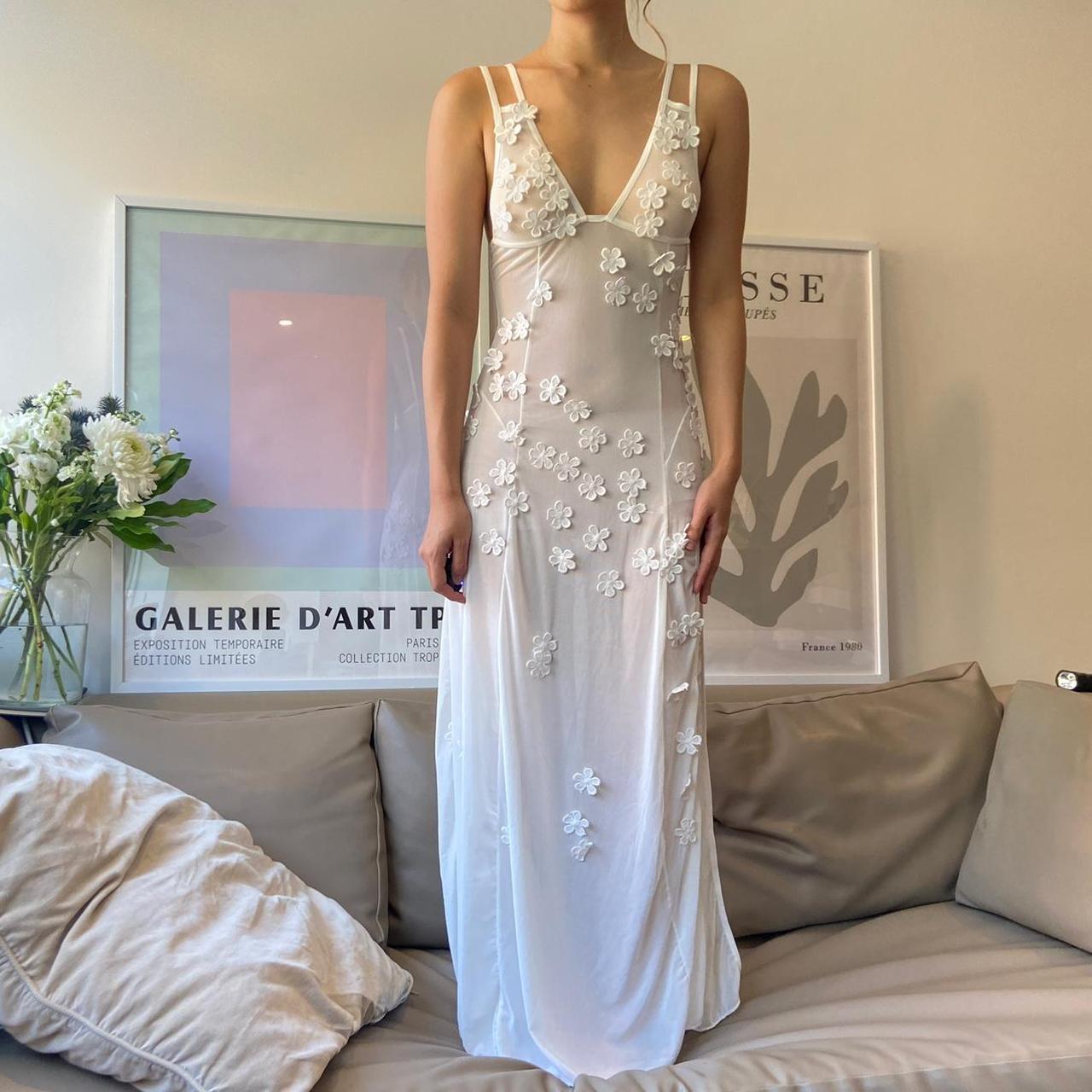 White sheer mesh maxi dress with 3D flower... - Depop